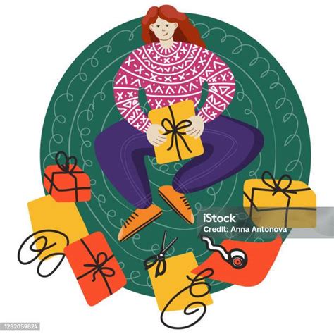 손으로 그린 벡터 그림 여자 또는 여자 포장 선물 새해와 크리스마스를 준비합니다 화려한 선물밝은 소녀 아늑하고 아늑한 장면 12월에 대한 스톡 벡터 아트 및 기타 이미지