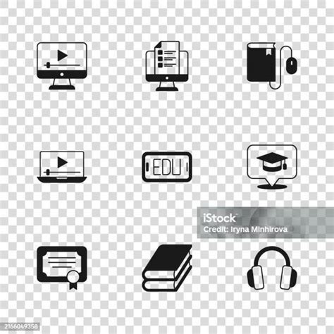 세트 북 말풍선 졸업 모자 헤드폰 온라인 교육 마우스가 있는 전자 책 비디오 재생 퀴즈 테스트 설문 조사 및 아이콘 벡터 개념에 대한 스톡 벡터 아트 및 기타 이미지