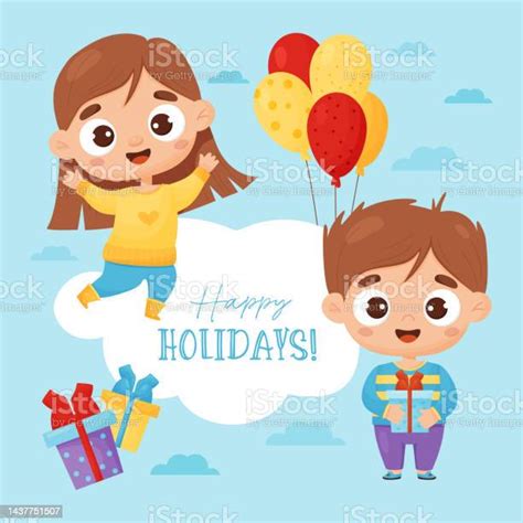 어린이 축제 포스터입니다 귀여운 만화 소녀와 파란색 배경에 선물과 풍선을 가진 행복한 소년 벡터 그림입니다 휴일 인사말 카드