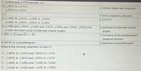 Solved ∠ Rtu And ∠ Vts Are Ve 5 6 7 8 W Rts≌ Vtu And Rtu≌ Vts Rts≌ Rvs