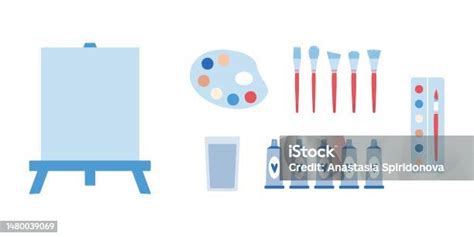 유치한 스타일의 평면 벡터 페인팅 도구 손으로 그린 미술 용품 페인트 브러시 손바닥 구 아슈 아크릴 이젤 팔레트 고무에 대한 스톡 벡터 아트 및 기타 이미지 Istock