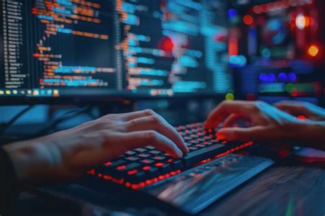 Premium Photo Programmers Hands On Keyboard Writing Source Code Screen Showing Code