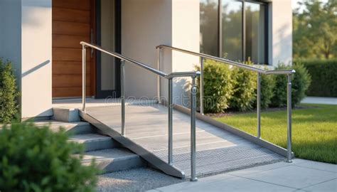 Modern House Exterior Features Metal Wheelchair Ramp With Handrails