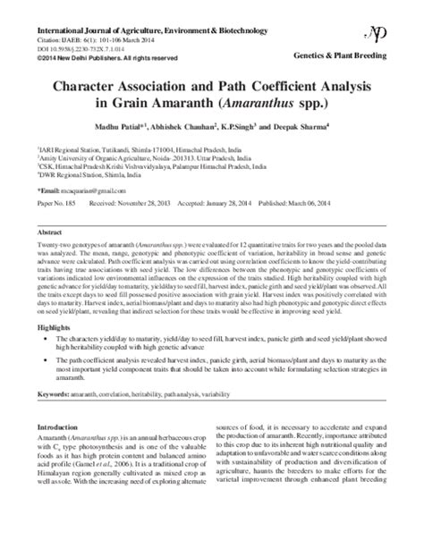 Pdf Character Association And Path Coefficient Analysis In Grain Amaranth Amaranthusspp