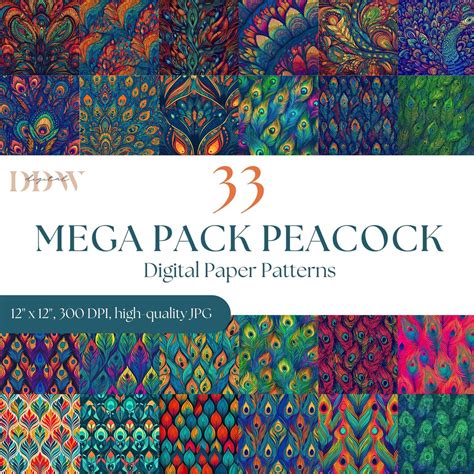 33 Mega Pack Peacock Feathers Digital Paper Pack 12x12inches 300dpi