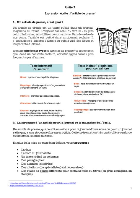Comment écrire Un Article De Presse Solutions Unité 7 Expression écrite L ́article De Presse