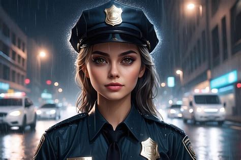 Portrait Of Beautiful Female Cop In Rainy Night Street Premium Ai