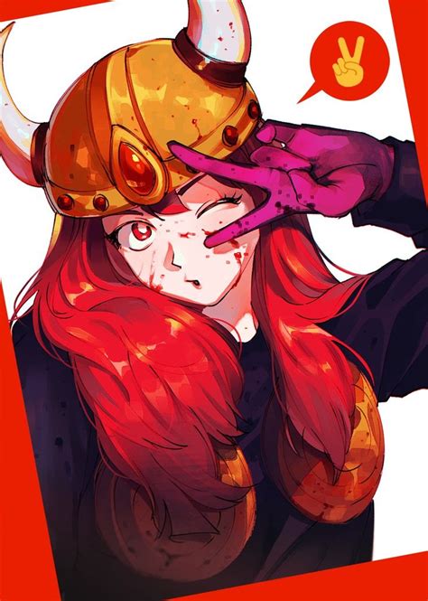 A Woman With Long Red Hair Wearing A Helmet And Holding Her Hand Up To