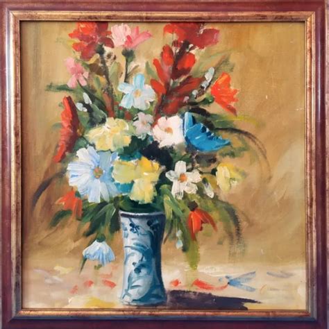 QUADRO VINTAGE DIPINTO Ad Olio Natura Morta Vaso Di Fiori Anni 70