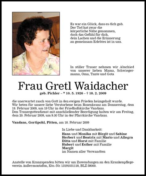 Todesanzeigen Von Gretl Waidacher Todesanzeigen Vorarlberger Nachrichten