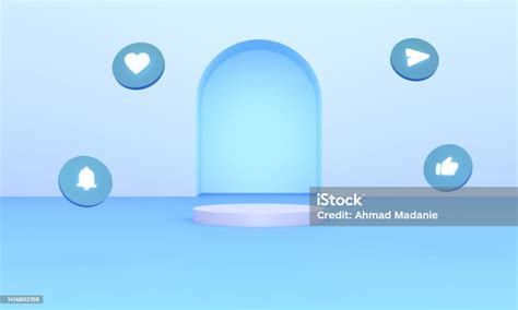 파란색 연단 또는 플랫폼 및 아이콘 미디어 소셜 파란색 배경 3d 그림 렌더링 전단지 디스플레이 제품 디자인 광고 등 3차원