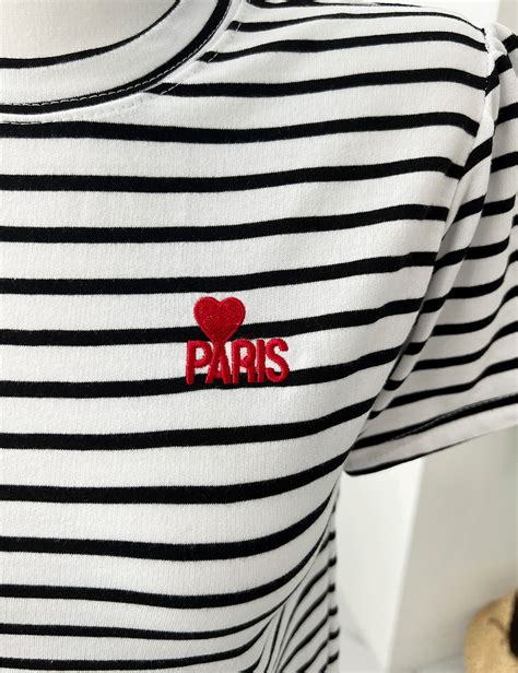 여름 데일리 캐주얼룩 파리스 하트 자수 단가라 스트라이프 줄무늬 퍼프 반팔 티셔츠