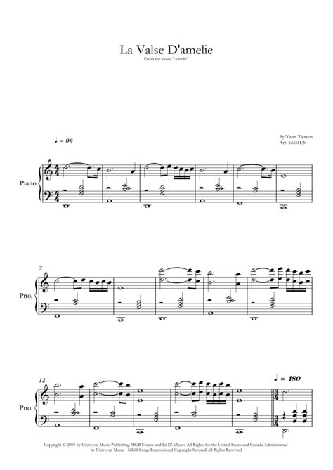 La Valse D Amelie Arr SMMUS Sheet Music Yann Tiersen Easy Piano