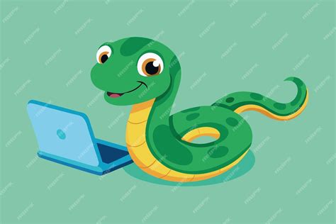 Vector Illustration Of Cute Green Python Coding On The Laptop Premium