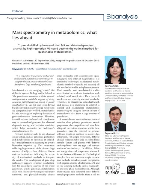 Pdf Mass Spectrometry In Metabolomics What Lies Ahead