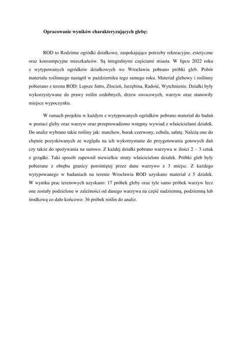 Wyniki badań gleby na terenie ROD Wytchnienie z roku Stowarzyszenie Ogrodowe ROD