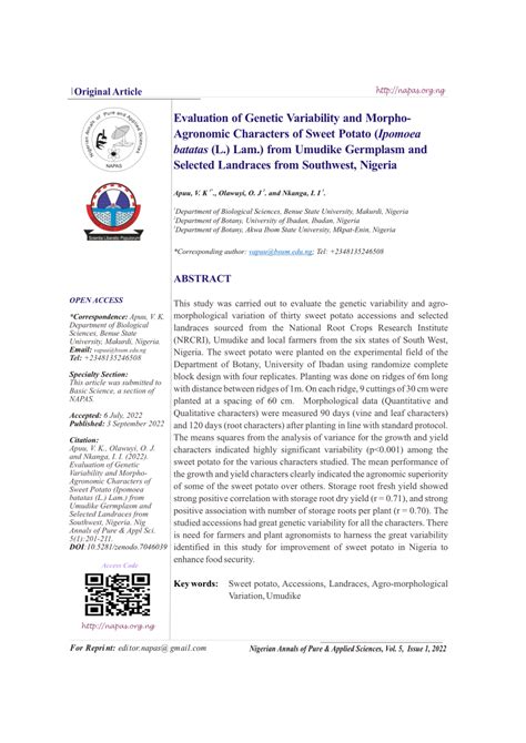 Pdf Evaluation Of Genetic Variability And Morphoagronomic Characters Of Sweet Potato Ipomoea