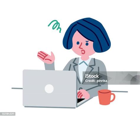 컴퓨터를 운영하는 데 어려움을 겪고 있는 여성의 일러스트 걱정하는에 대한 스톡 벡터 아트 및 기타 이미지 걱정하는 귀여운