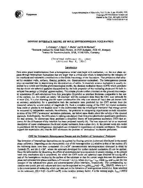Pdf Diffuse Interface Model Of Bulk Heterogeneous Nucleation