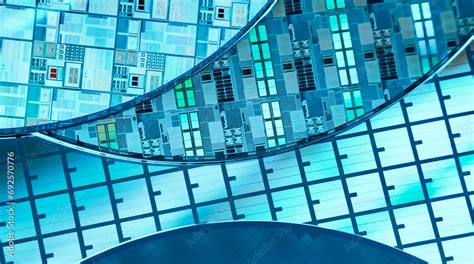 Macro Of Silicon Wafer Semiconductor With Neon Color Integrated Circuits To Manufacture Cpu And