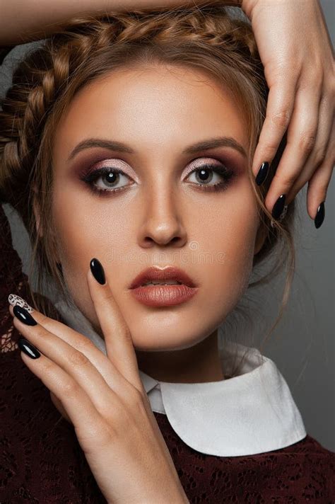 Russian Beauty Girl Slavic Appearance Face Whith Flowers Stock Image