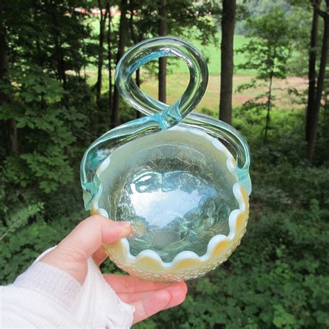 Fenton For Levay Aqua Opal Fentons Flowers Carnival Glass Basket Twisted Handle Carnival Glass