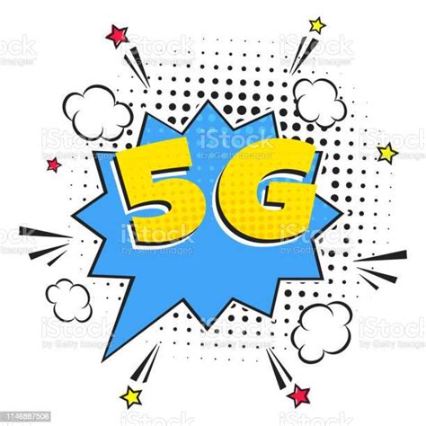 5g 新的無線互聯網 Wifi 連接漫畫風格的語音泡號感歎本5g 飛式設計向量插圖隔離在白色背景氣球中的新移動互聯網5g 標誌圖示向量圖形及更