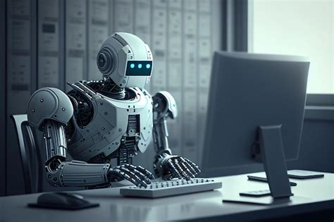 Premium AI Image A Robot Sits In Front Of A Computer Monitor And A Monitor With The Words