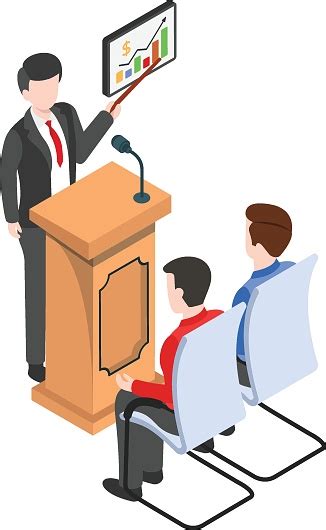 트레이너 성장 아이소 메트릭 개념 발표자 막대 그래프 벡터 아이콘 디자인 성인 교육 픽토그램 집행관 연단 착용 안경 스톡 일러스트 Hrm 기호 갈색에 대한 스톡 벡터 아트