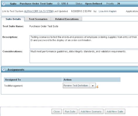Defining Scenarios And Test Suites For Testing Applications Pega