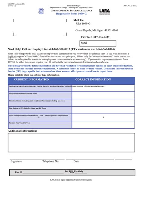 Fillable Form Uia 1920 Request For Form 1099 G 2012 Printable Pdf