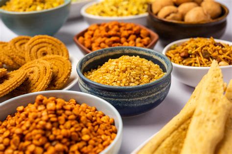 Indian Tea Time Snacks In Group Sev Chivda Farsan Mixture
