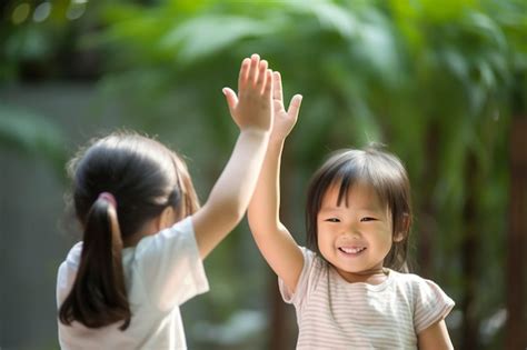 Premium Ai Image Two Asian Girls High Five In A Park Happy
