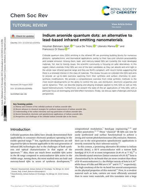 Pdf Indium Arsenide Quantum Dots An Alternative To Lead Based Infrared Emitting Nanomaterials