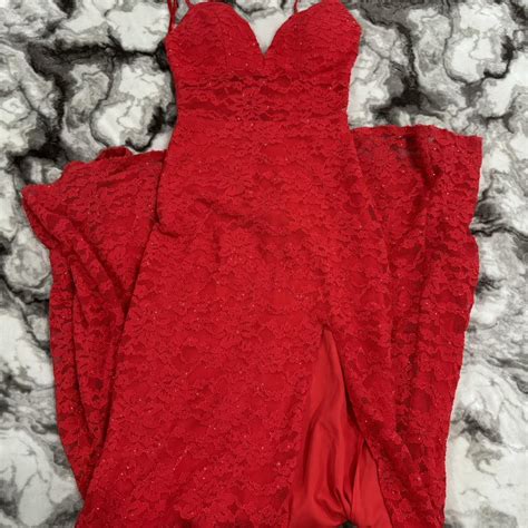 Red Laced Slit Prom Dress •davids Bridal •i Bought Depop