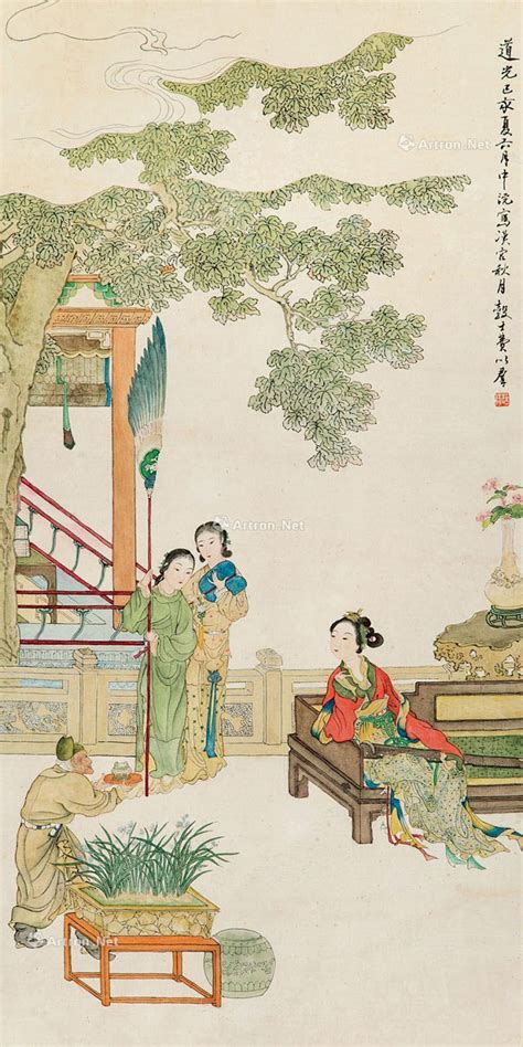 费以群——《汉宫秋月图》【道光已亥夏六月中浣写汉宫秋月】庭园仕女人物场景 立轴欣赏 清费以群，费丹旭次子，字士。工画仕女，亦得父传。