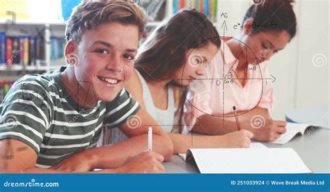 animation of math formulas over diverse pupils learning at school stock