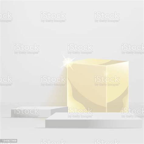 스튜디오 룸 벡터 3d 모양 제품 디스플레이 프리젠 테이션 스퀘어 포디움 옐로우 와 화이트 글래스 배경 0명에 대한 스톡 벡터