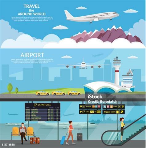 공항 여객 터미널 및 대기실 도착 출발 배경 벡터 일러스트 레이 션 비행기 Infographic 활주로에 대한 스톡 벡터 아트