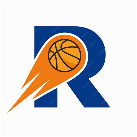 이동 농구 아이콘 바구니 공 로고 타입 기호가 있는 문자 R 농구 로고 개념 프리미엄 벡터