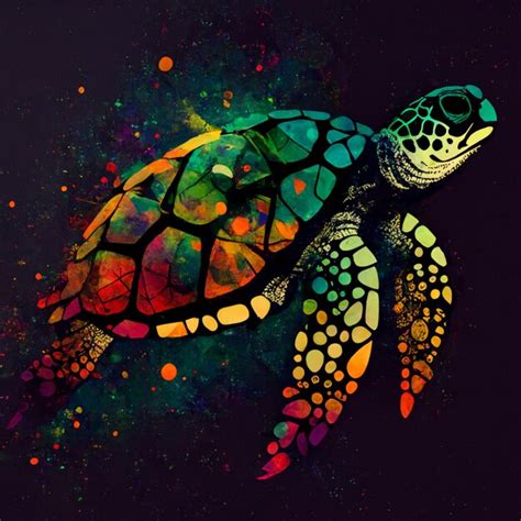 Brightly Colored Turtle On A Dark Background With Colorful Spots