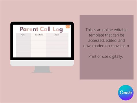 Call Log Template Editable Template Teacher Template Teacher Planner Planner Template Canva