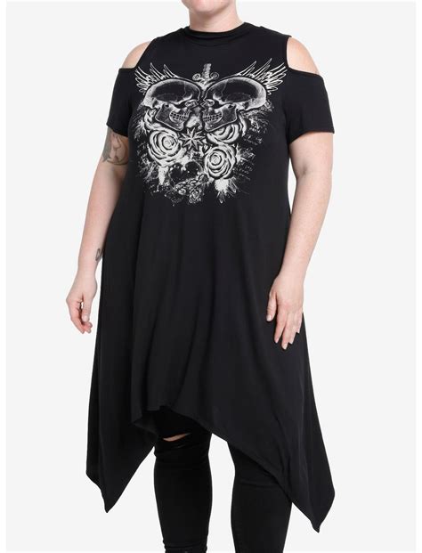Social Collision Two Skulls Girls Cold Shoulder Tunic Top Plus Size