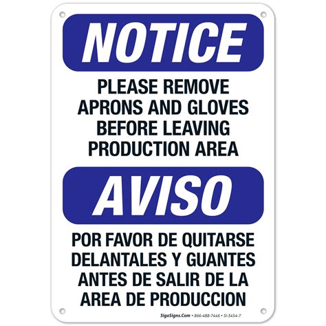 Remove Aprons And Gloves Before Leaving Production Area Bilingual Sign