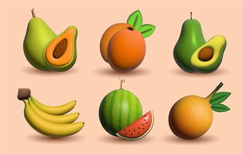 Coleção de conjunto de ícones de frutas 3d Vetor Premium