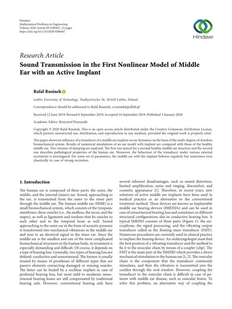 Pdf Sound Transmission In The First Nonlinear Model Of Middle Ear With An Active Implant