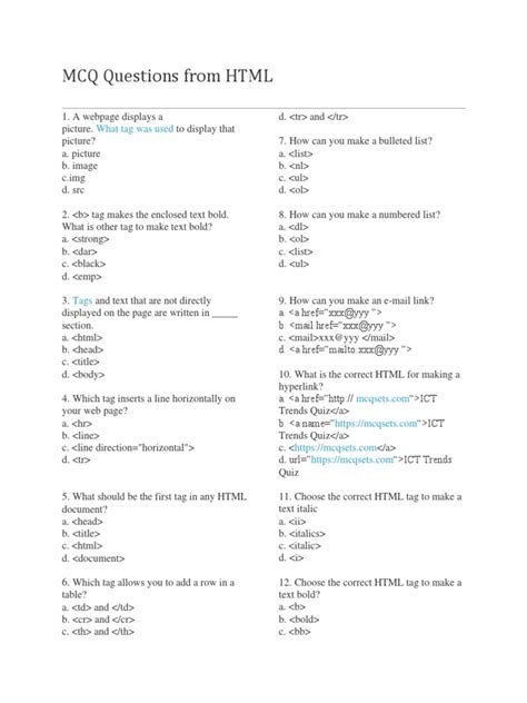 html mcq pdf html element world wide web