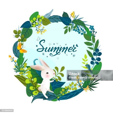화려한 둥근 카드 또는 손으로 그린 문자 여름과 귀여운 캐릭터 토끼와 배경 꽃 흰색 듣기 나비 애벌레 잎 잔디와 재미 프레임 벡터 그림입니다 개체 그룹에 대한 스톡 벡터