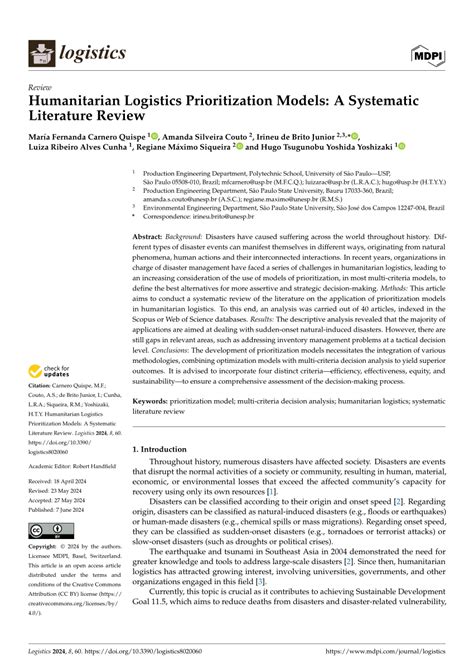 Pdf Humanitarian Logistics Prioritization Models A Systematic Literature Review
