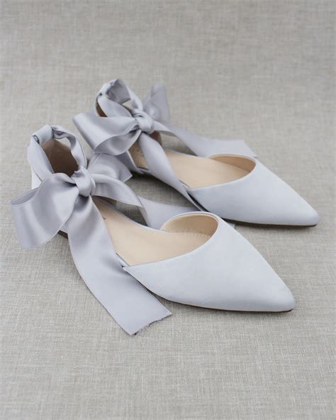 Silver Satin Pointy Toe Flats With Satin Ankle Tie Or Ballerina Lace Up